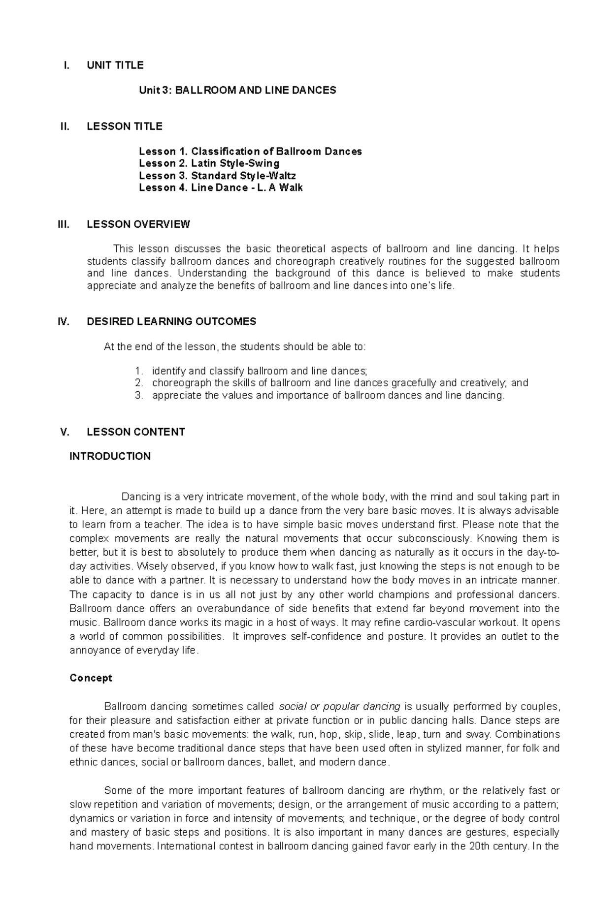 Pathf-4- Dance- Module 3 - I. UNIT TITLE Unit 3: BALLROOM AND LINE ...