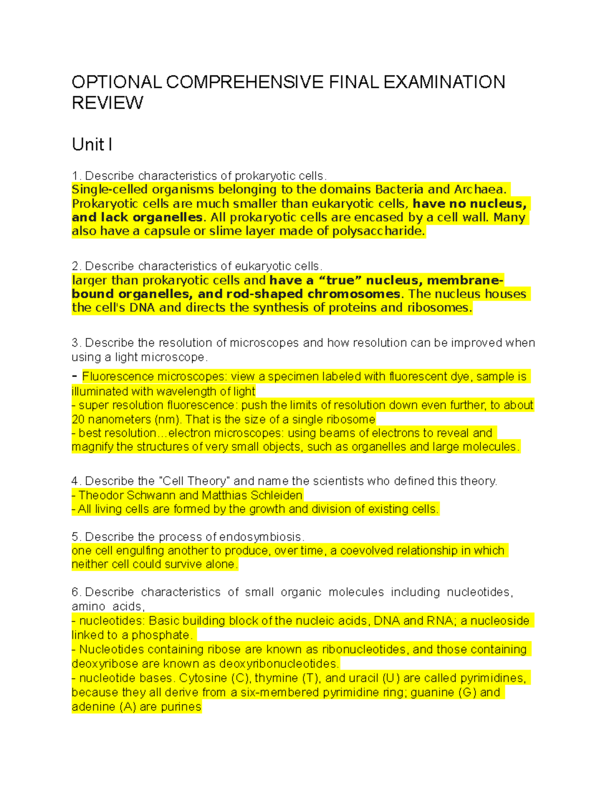 Cell Bio Final Exam Review - OPTIONAL COMPREHENSIVE FINAL EXAMINATION ...