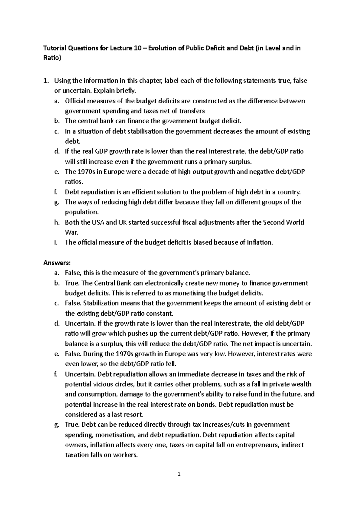 Tutorial Questions for Lecture 10 - Suggested Answers - Tutorial ...