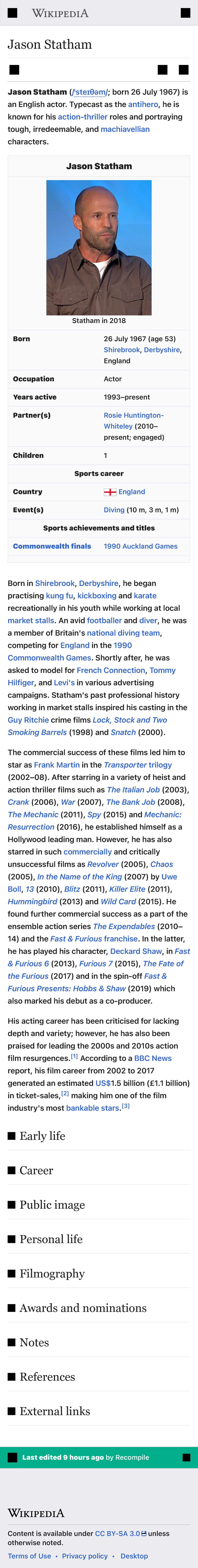 Jason Statham - Wikipedia - Terms of Use • Last edited 9 hours ago by ...