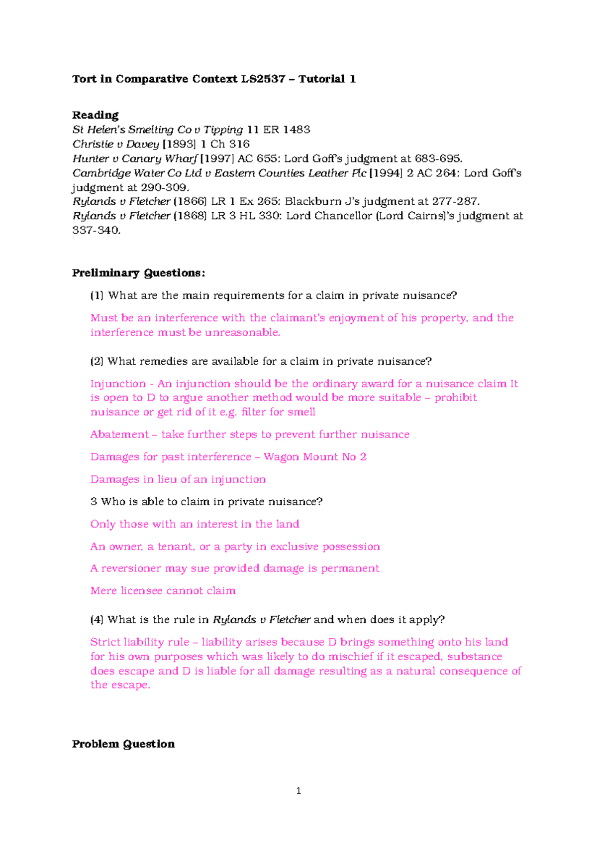 Tort LS2537 Tutorial 1 - Tort in Comparative Context LS2537 – Tutorial 1 Reading St Helen’s ...