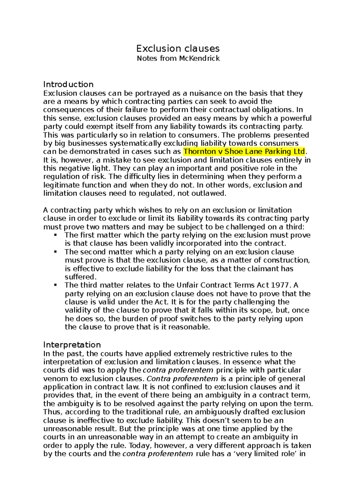 Exclusion clauses mckendrick - Exclusion clauses Notes from McKendrick ...