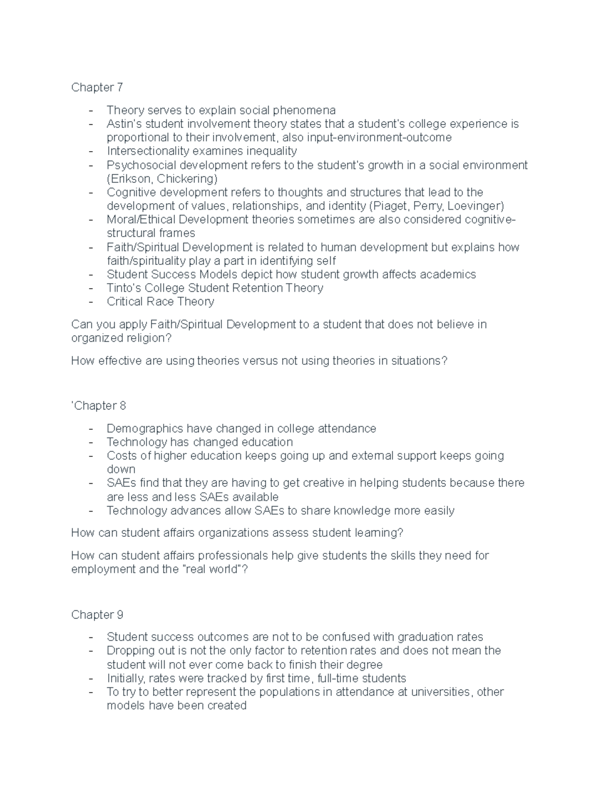 Summary 2 - Chapter 7 Theory serves to explain social phenomena Astin’s ...