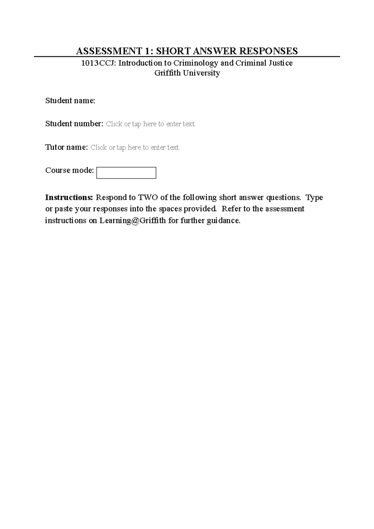 short answers - modules - ASSESSMENT 1: SHORT ANSWER RESPONSES 1013CCJ ...