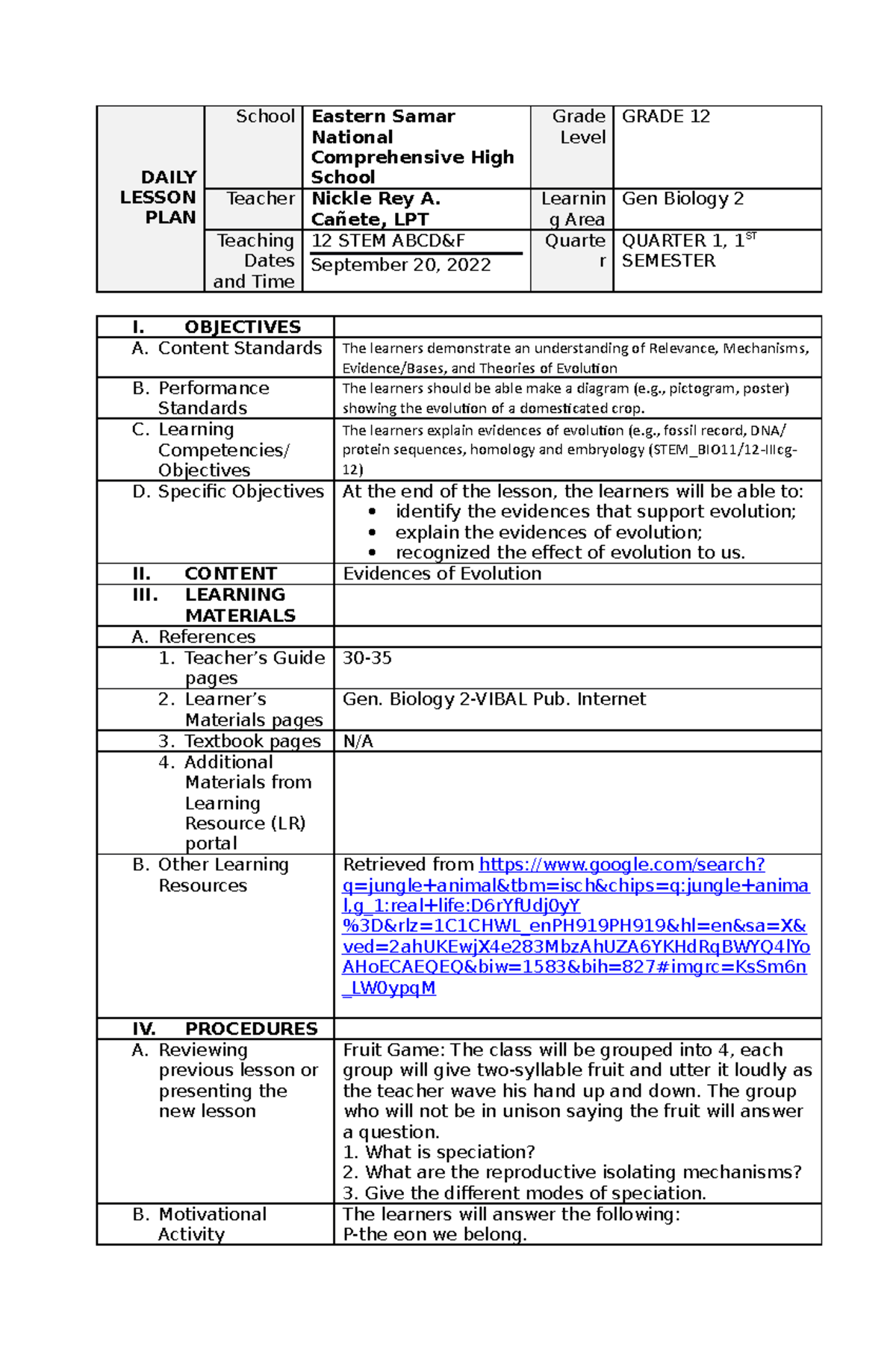 DLP-GB2 evidence of evolution - DAILY LESSON PLAN School Eastern Samar ...