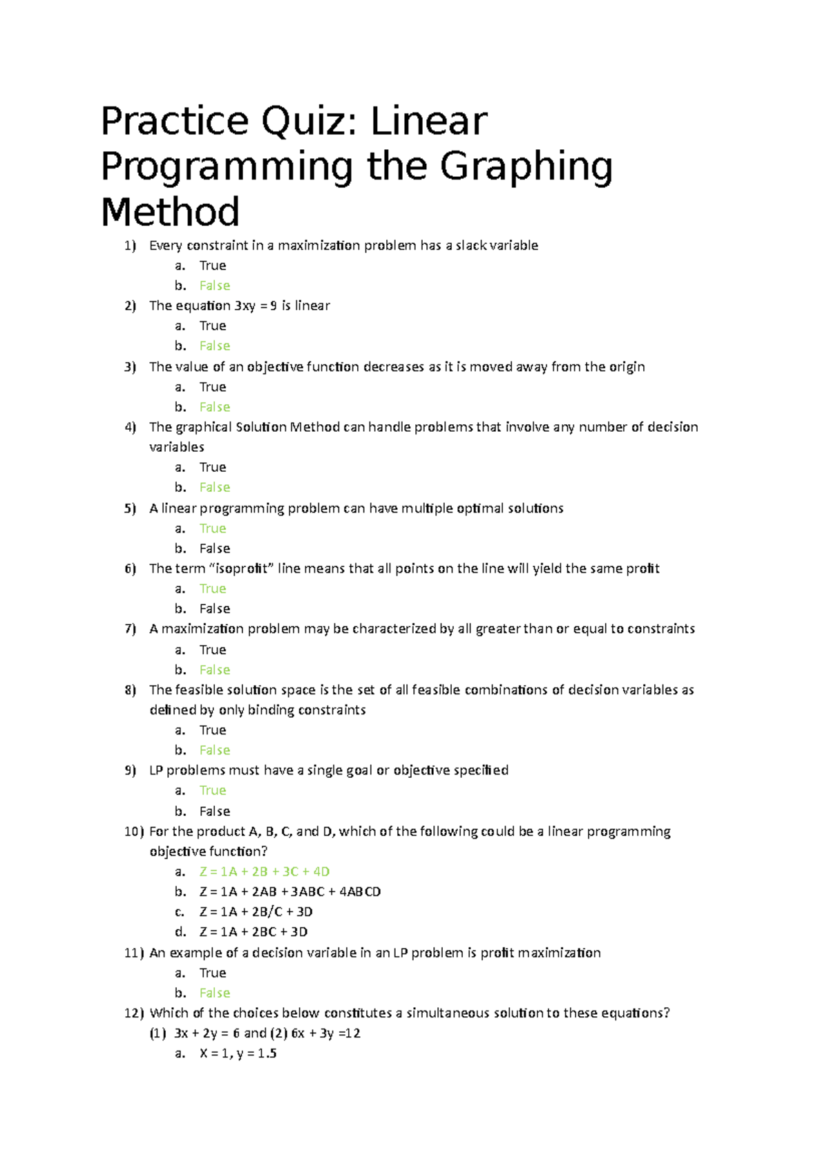 Practice Quiz + Video Quiz LP - Practice Quiz: Linear Programming the ...