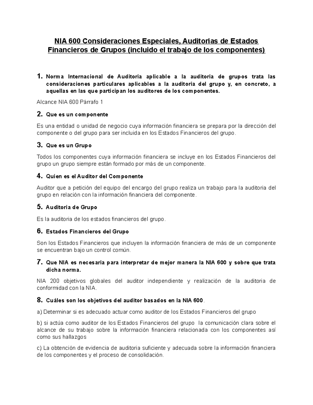 Cuestionario NIA 600 y 610 - NIA 600 Consideraciones Especiales ...