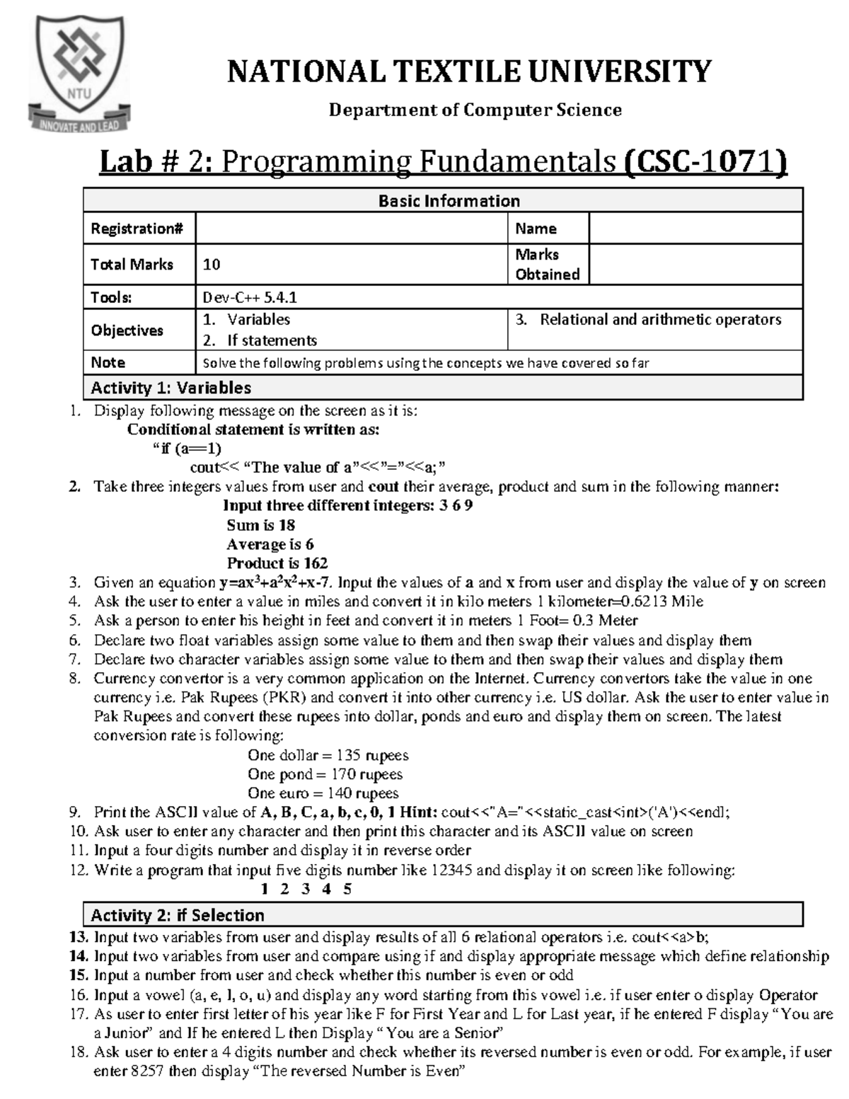 Lab2 - Lab2 Activate of C++ - NATIONAL TEXTILE UNIVERSITY Department of Computer Science Lab # 2 ...