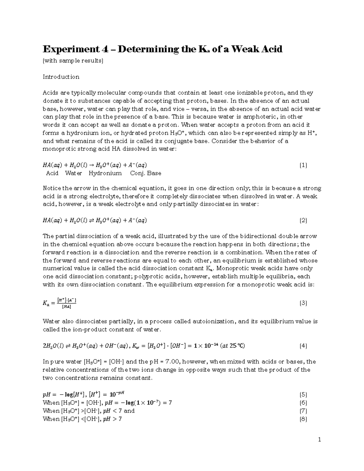Expt 4 Determining the Ka of a Weak Acid with Sample Results S1-20 - 1 ...