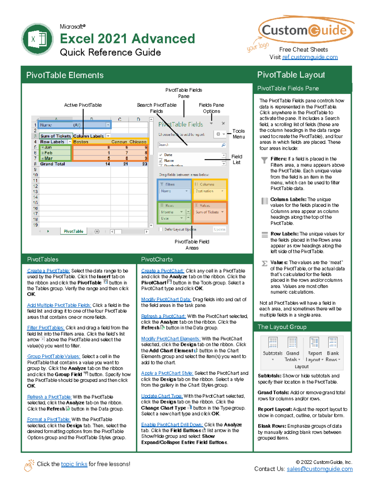 Excel 2021 advanced quick reference - Click the topic links for free lessons! © 2022 CustomGuide ...