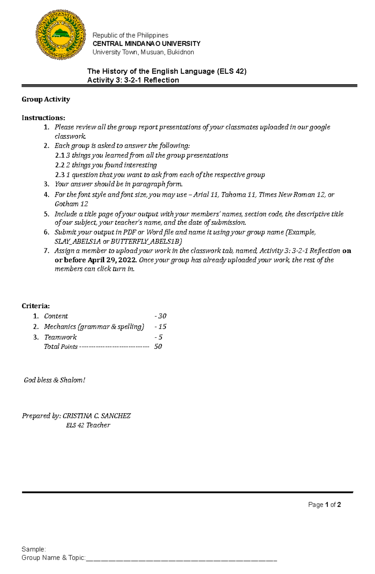 Activity 3 3-2-1 Reflection - Republic of the Philippines CENTRAL ...