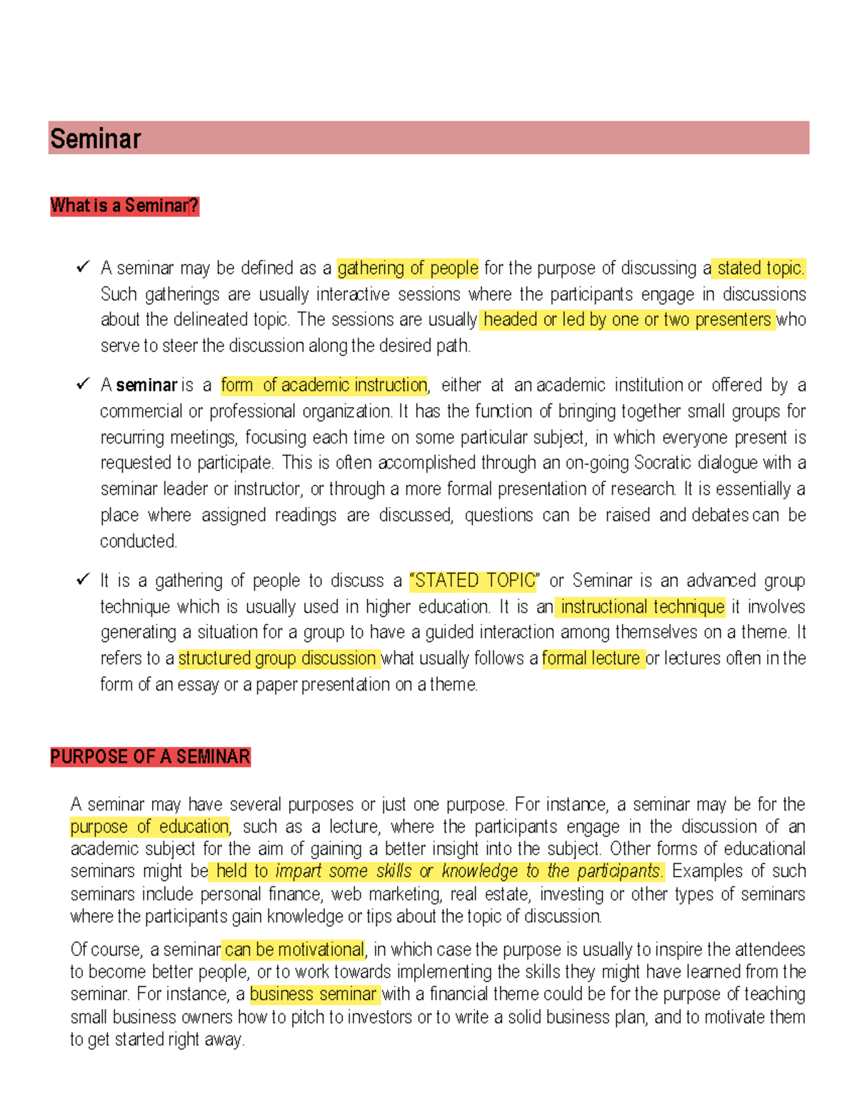 Handout #1 - WHAT IS A Seminar - Seminar What is a Seminar? A seminar ...