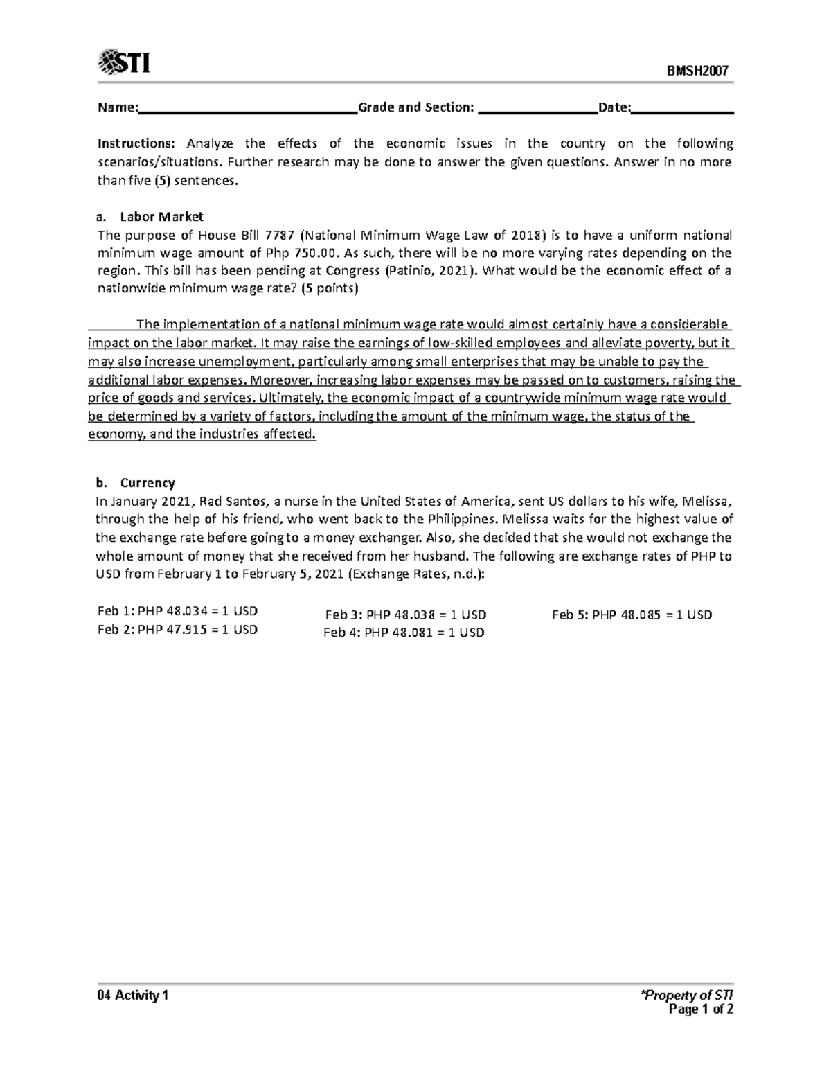 Activity 4 - Applied Economics - Name: Grade and Section: Date ...