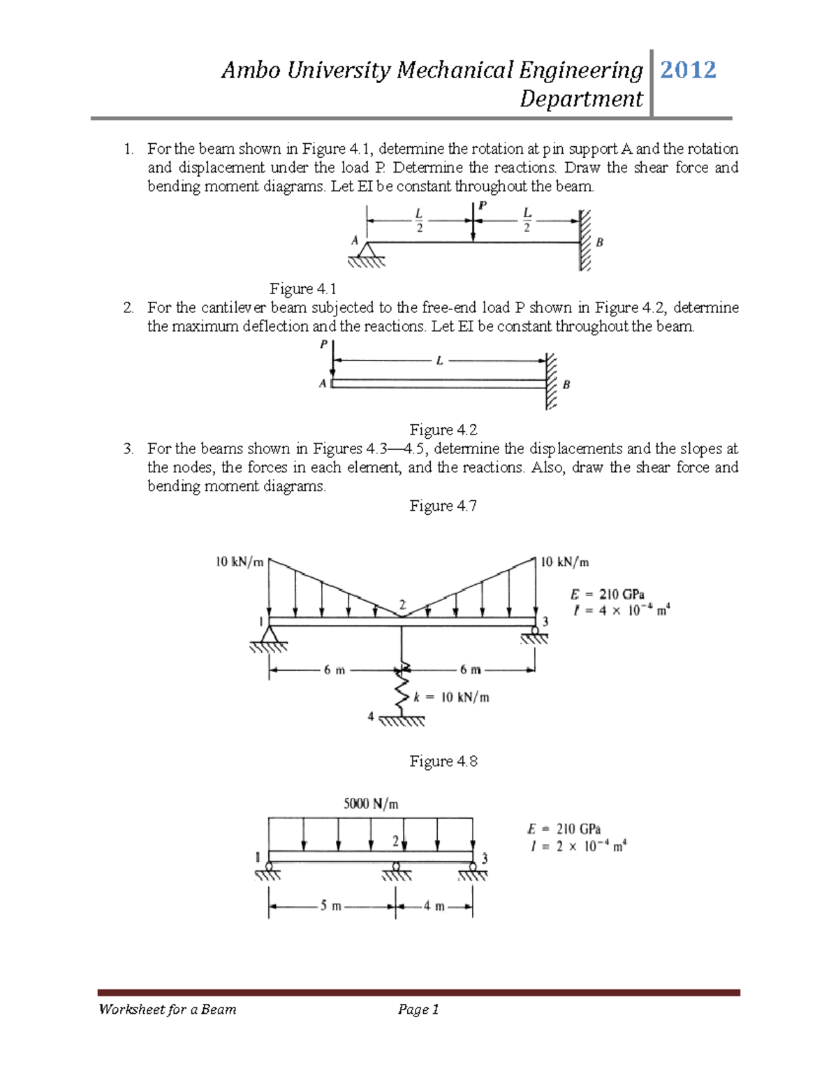 Beam Worksheet - Lecture notes 4 - Ambo University Mechanical ...