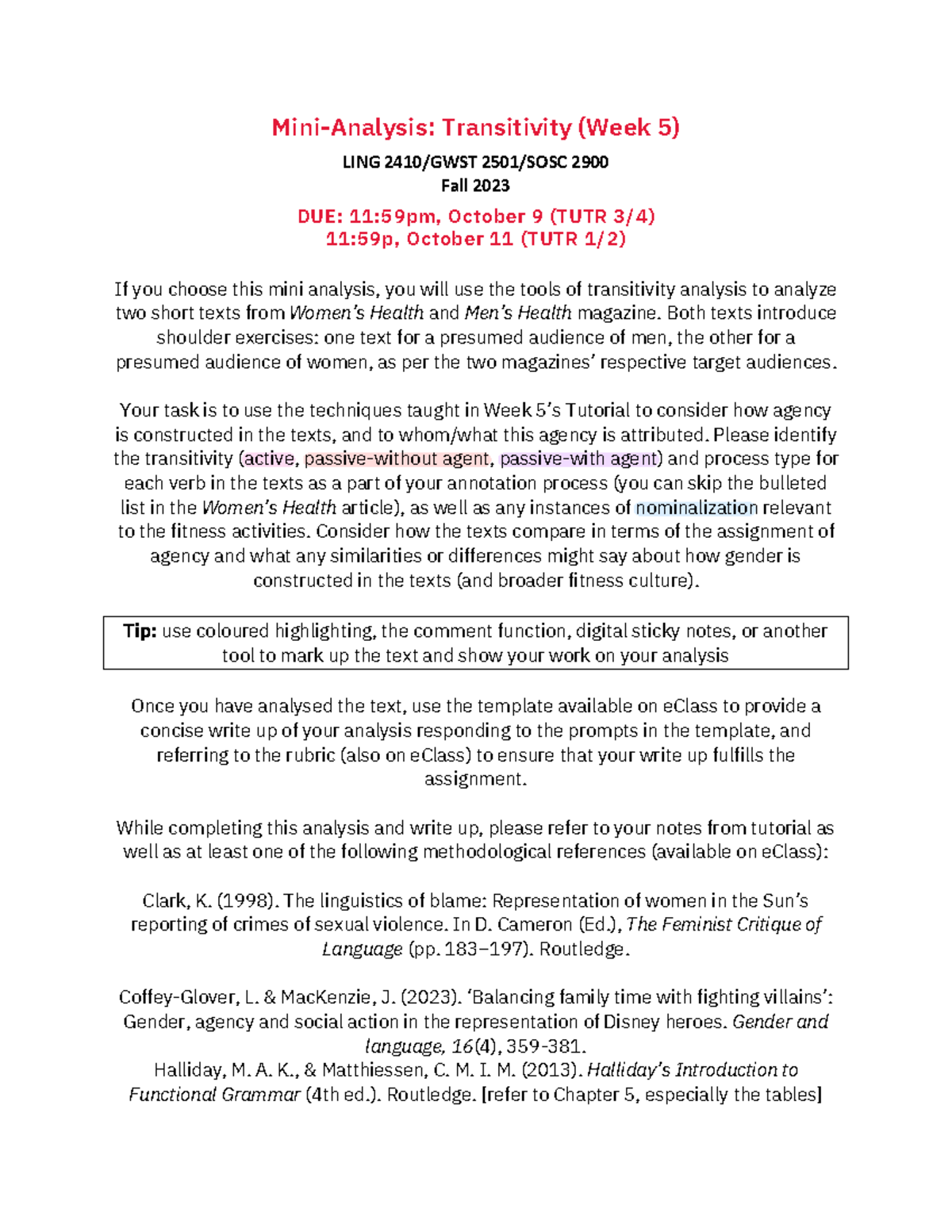 M.A - work - Mini-Analysis: Transitivity (Week 5 ) LING 2410/GWST 2501 ...