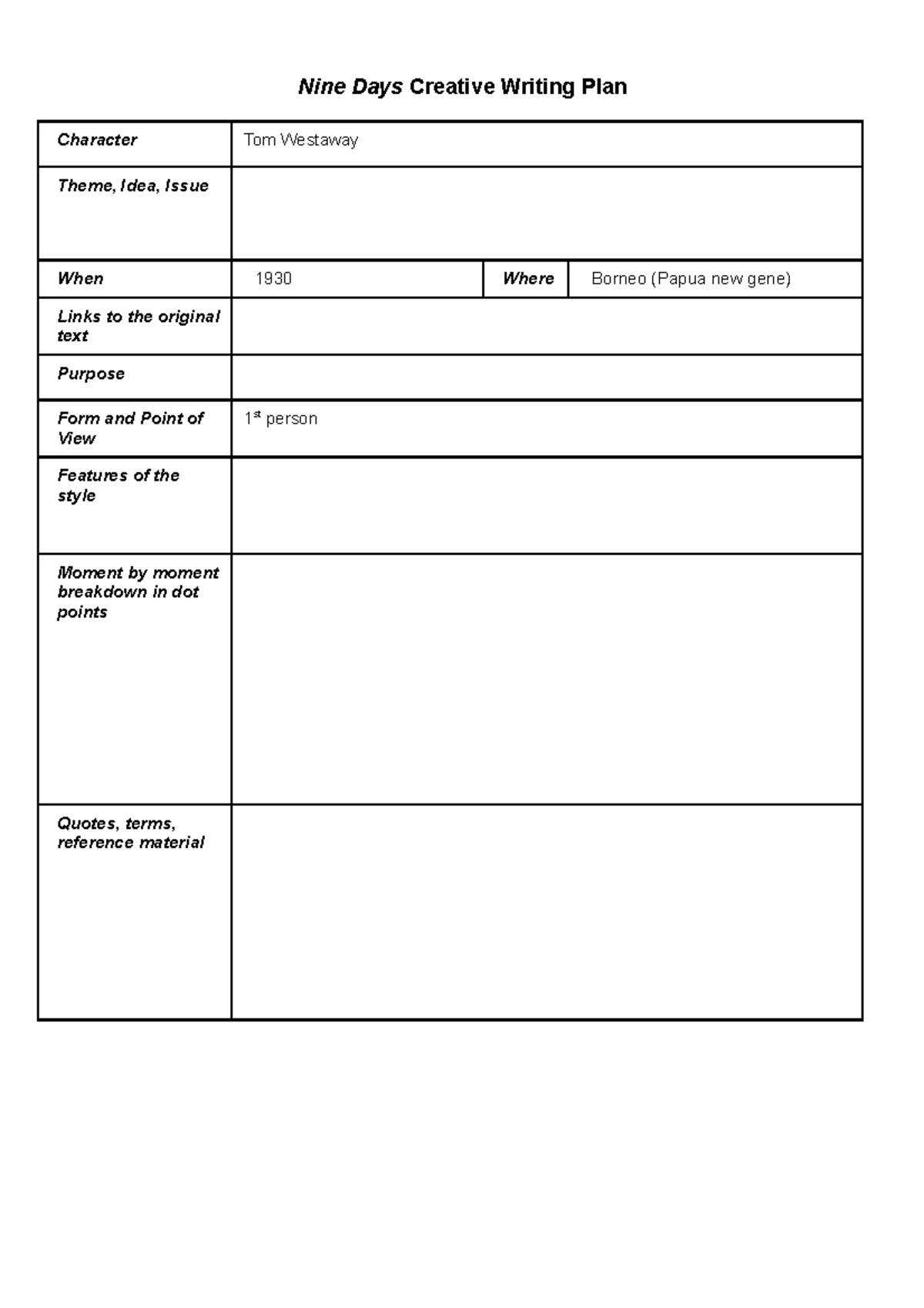 Nine Days Creative Writing Plan - Nine Days Creative Writing Plan ...