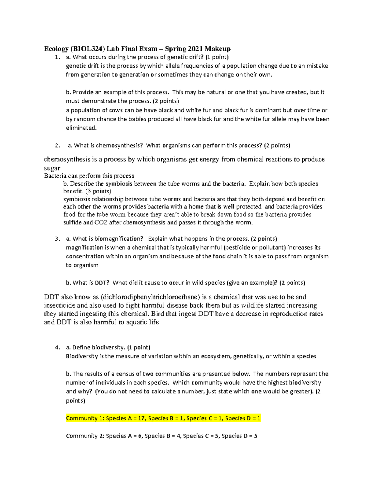 Ecology Lab Final Exam (makeup) - Ecology (BIOL324) Lab Final Exam ...
