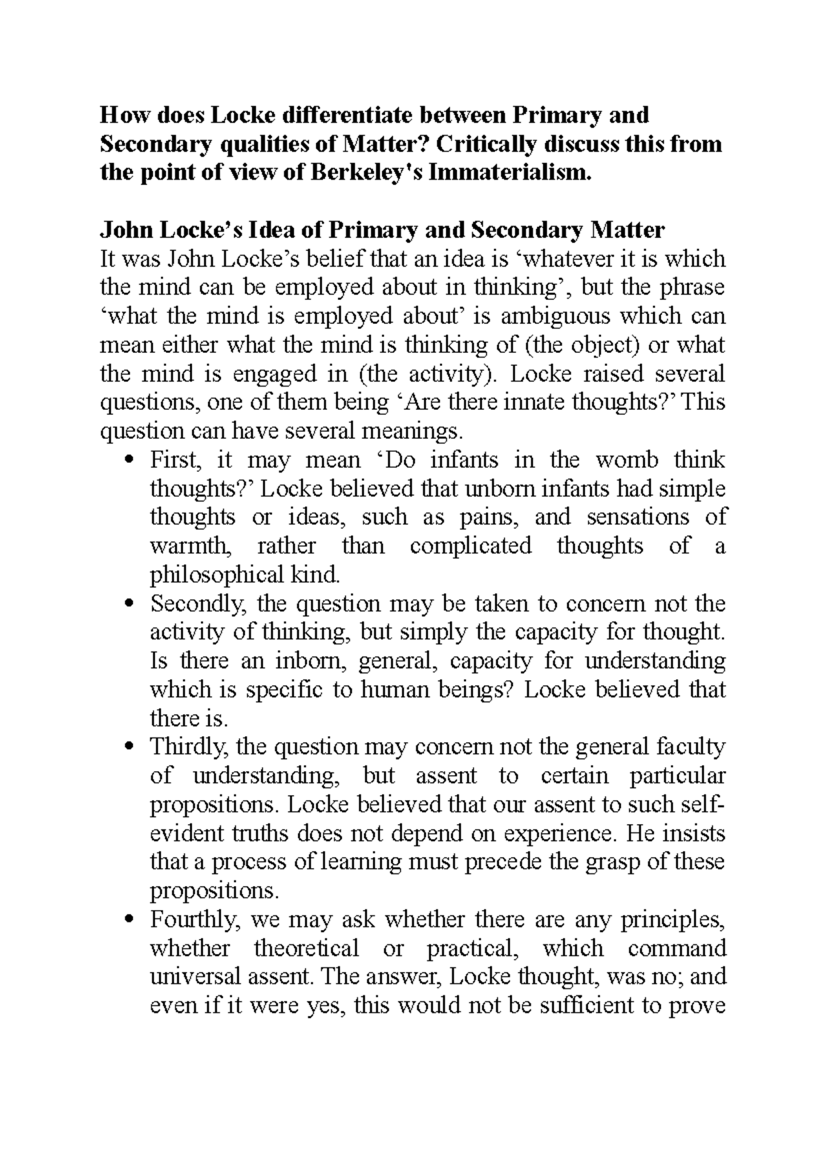 Locke and Berkeley - How does Locke differentiate between Primary and ...