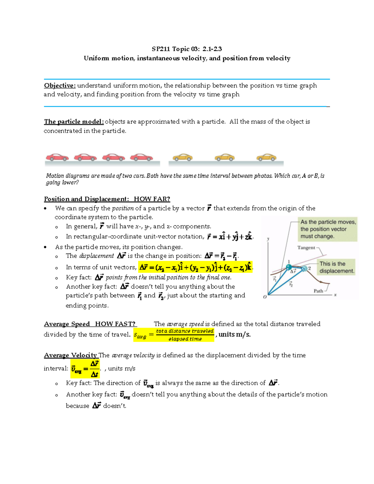 Topic 01 worksheet - SP211 Topic 03: 2-2. Uniform motion, instantaneous ...
