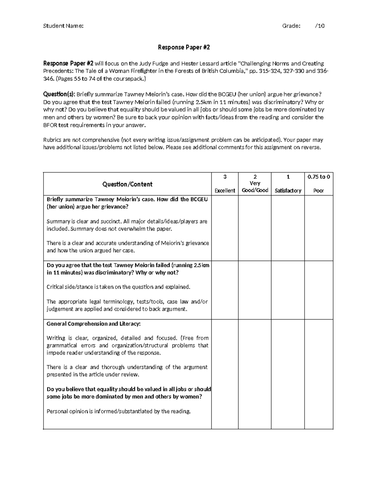 Response Paper 2 Rubric - Student Name: Grade: / Response Paper ...