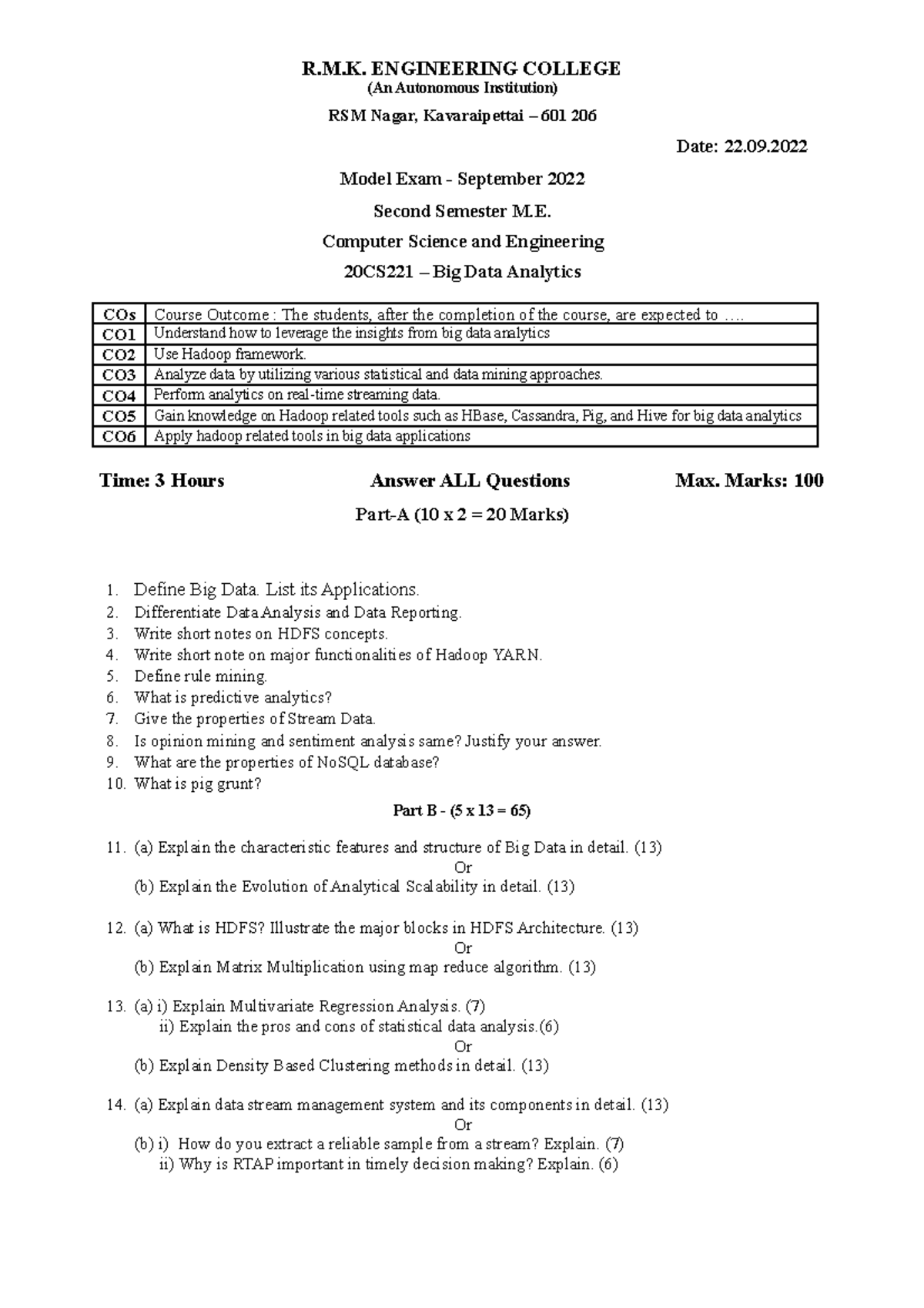 2 ME CSE 20CS221 – Big Data Analytics Model 22.09.2022 - R. ENGINEERING ...