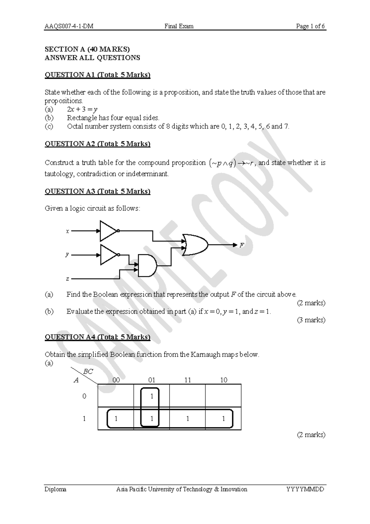 DM Sample Exam(Q) AA - Practice - SECTION A (40 MARKS) ANSWER ALL ...