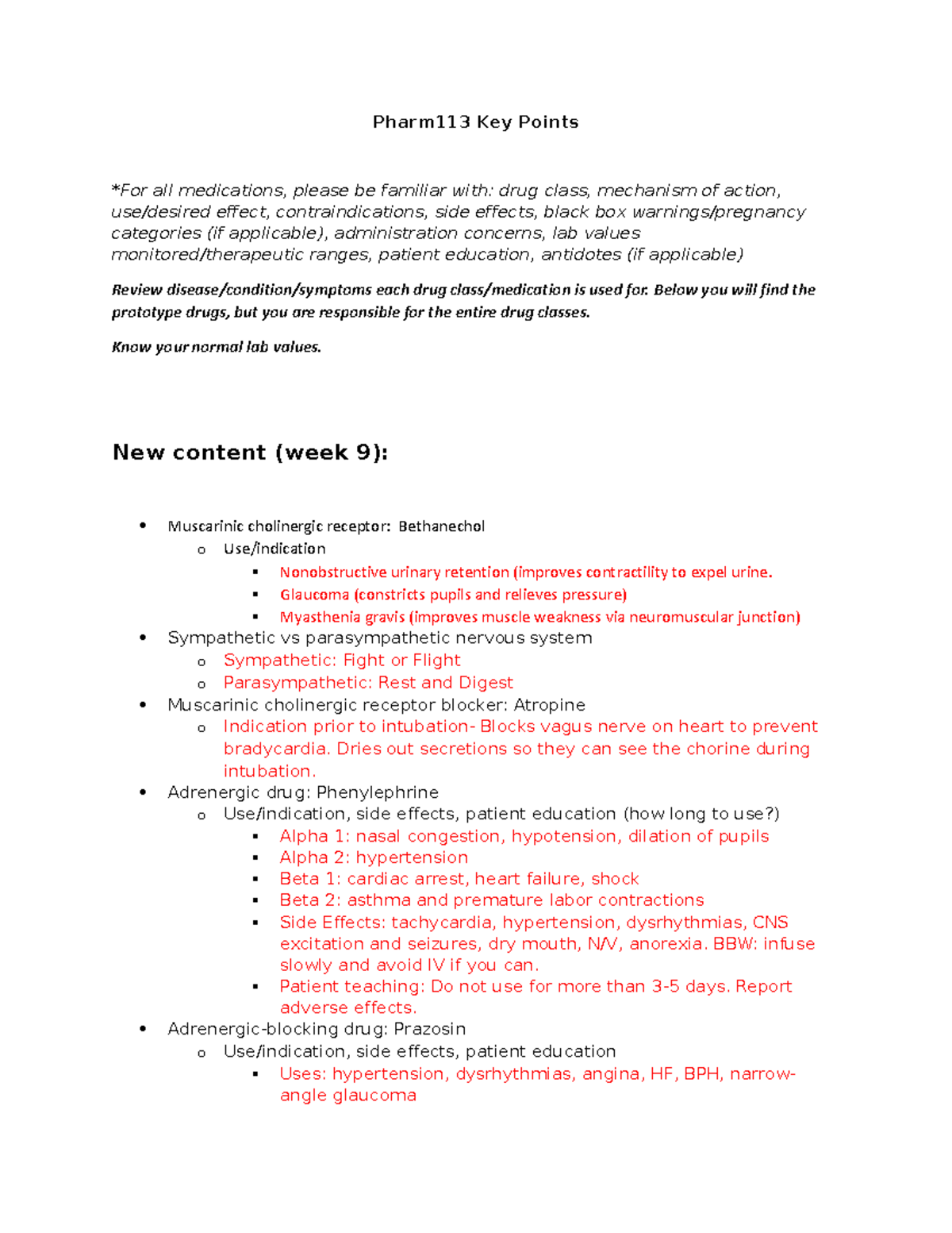 Pharm113 Key Points: Drug Classes Mechanisms Side Effects Lab Values ...