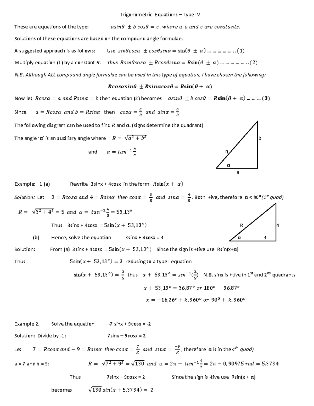 Maths 1A Trig.type 4 notes - Trigonometric Equations – Type IV These ...