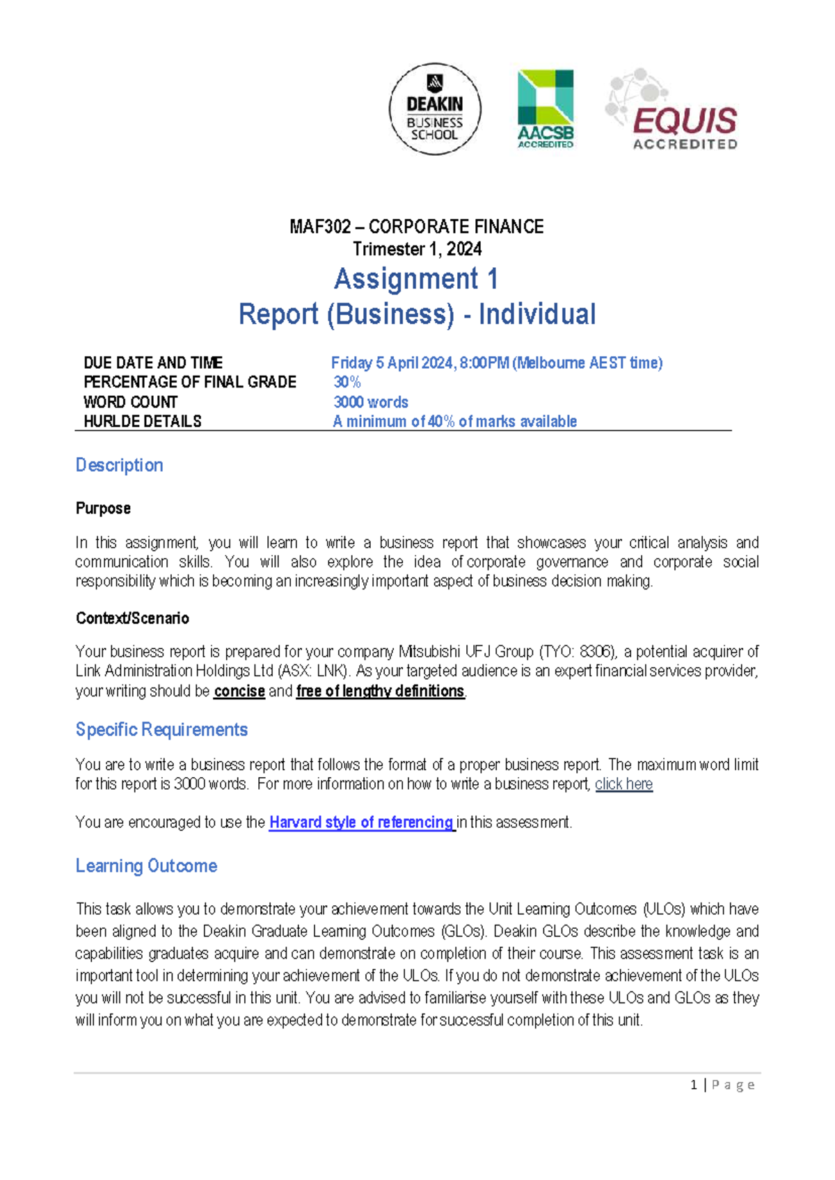 T1, 2024 Assignment 1 Individual Report LNK - MAF302 – CORPORATE ...