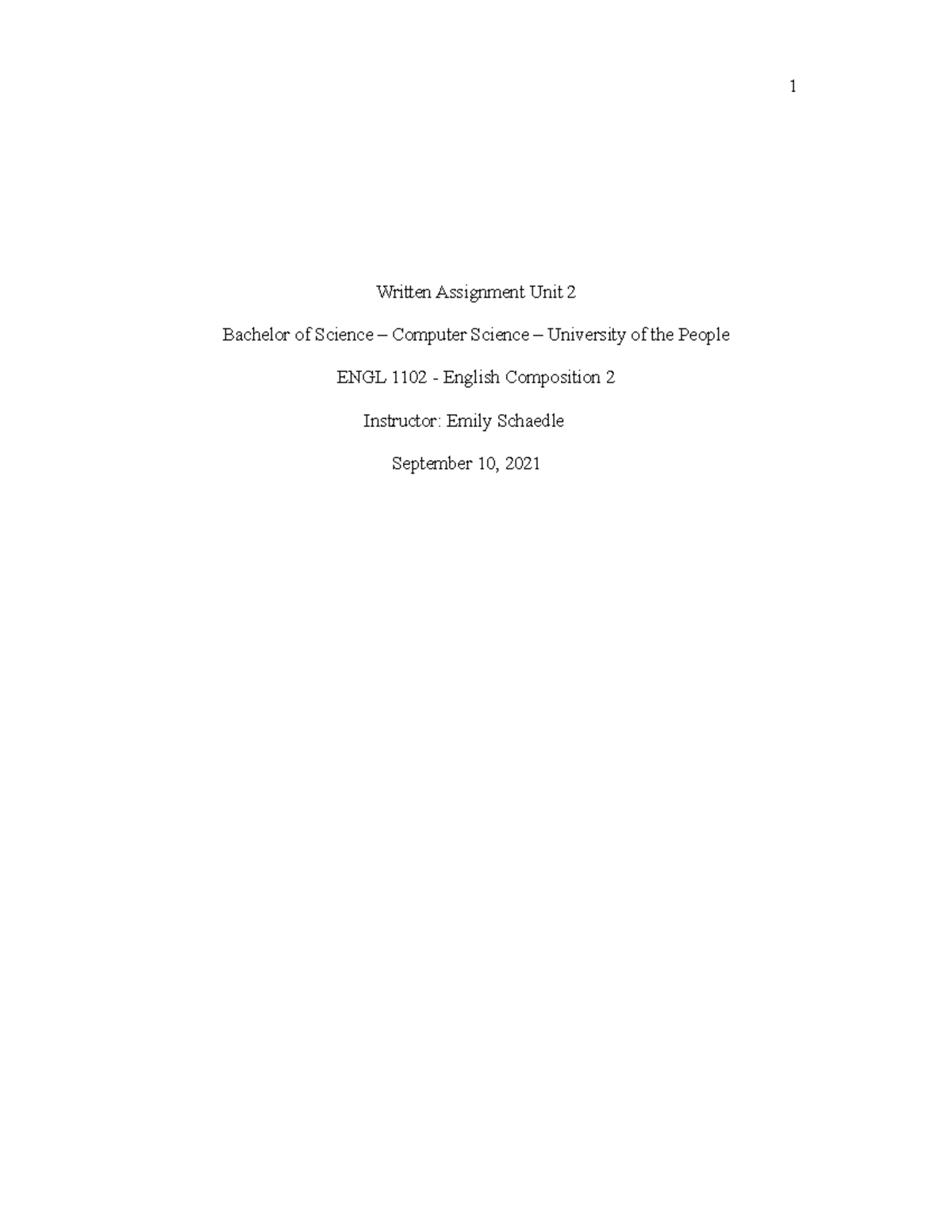 ENGL 1102 Written assignment unit 2 - 1 Written Assignment Unit 2 ...