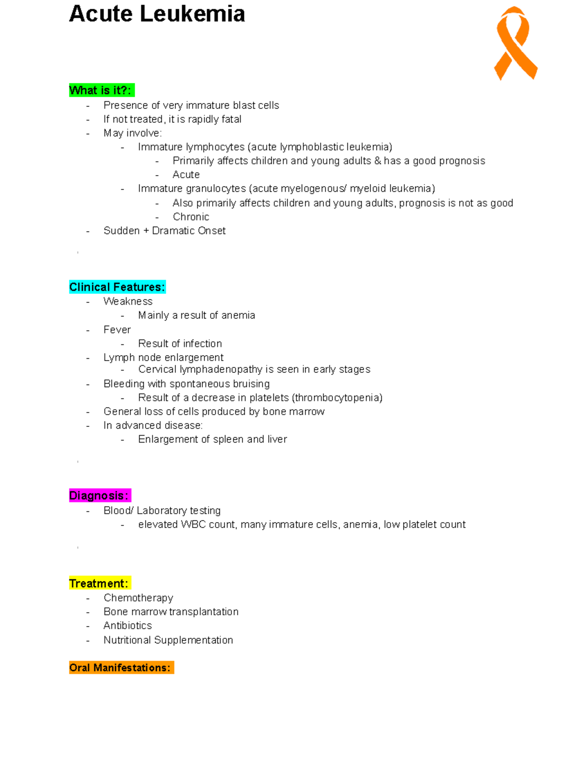 Acute Leukemia - information sheet - Acute Leukemia What is it ...