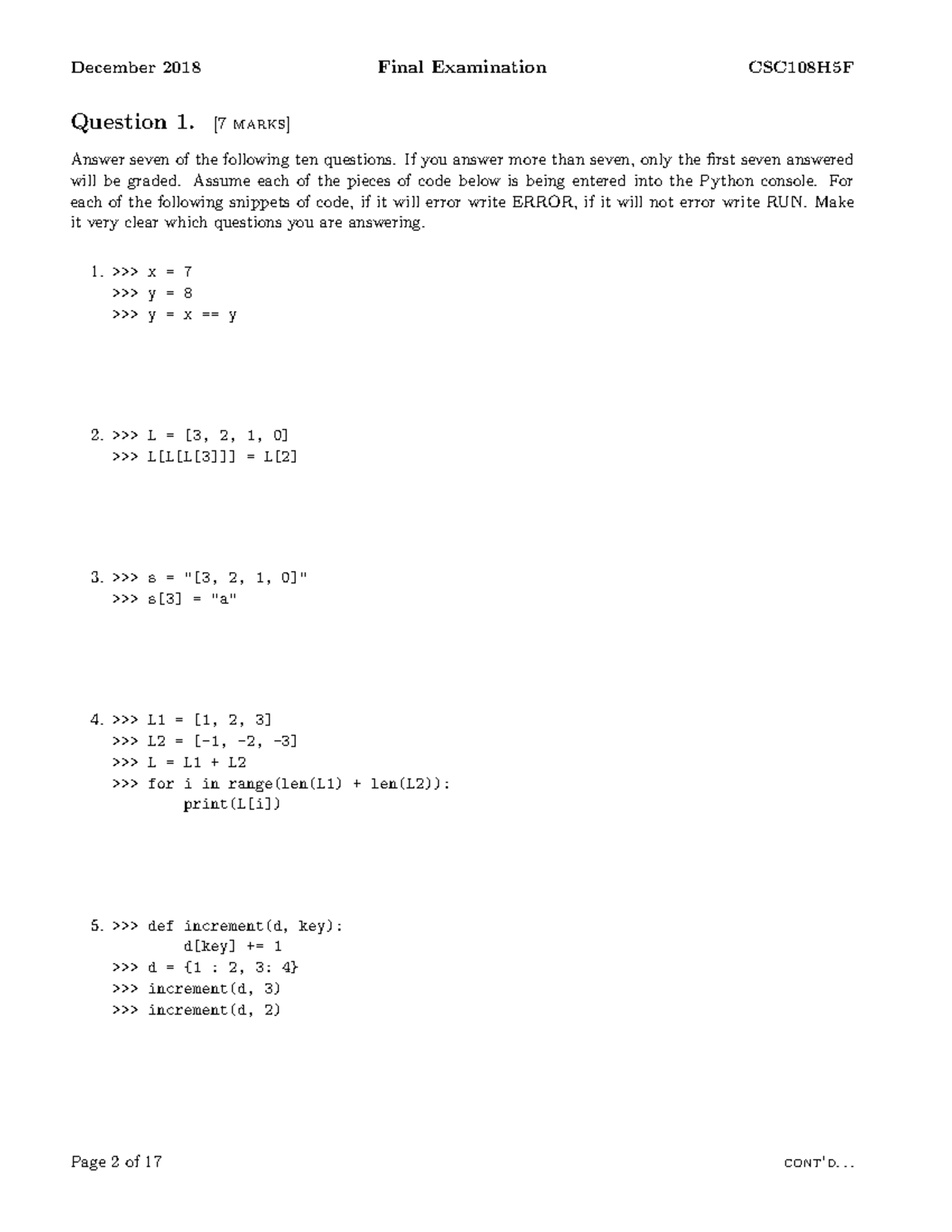 Final Exam (2018) - Question 1. [7 marks] Answer seven of the following ...