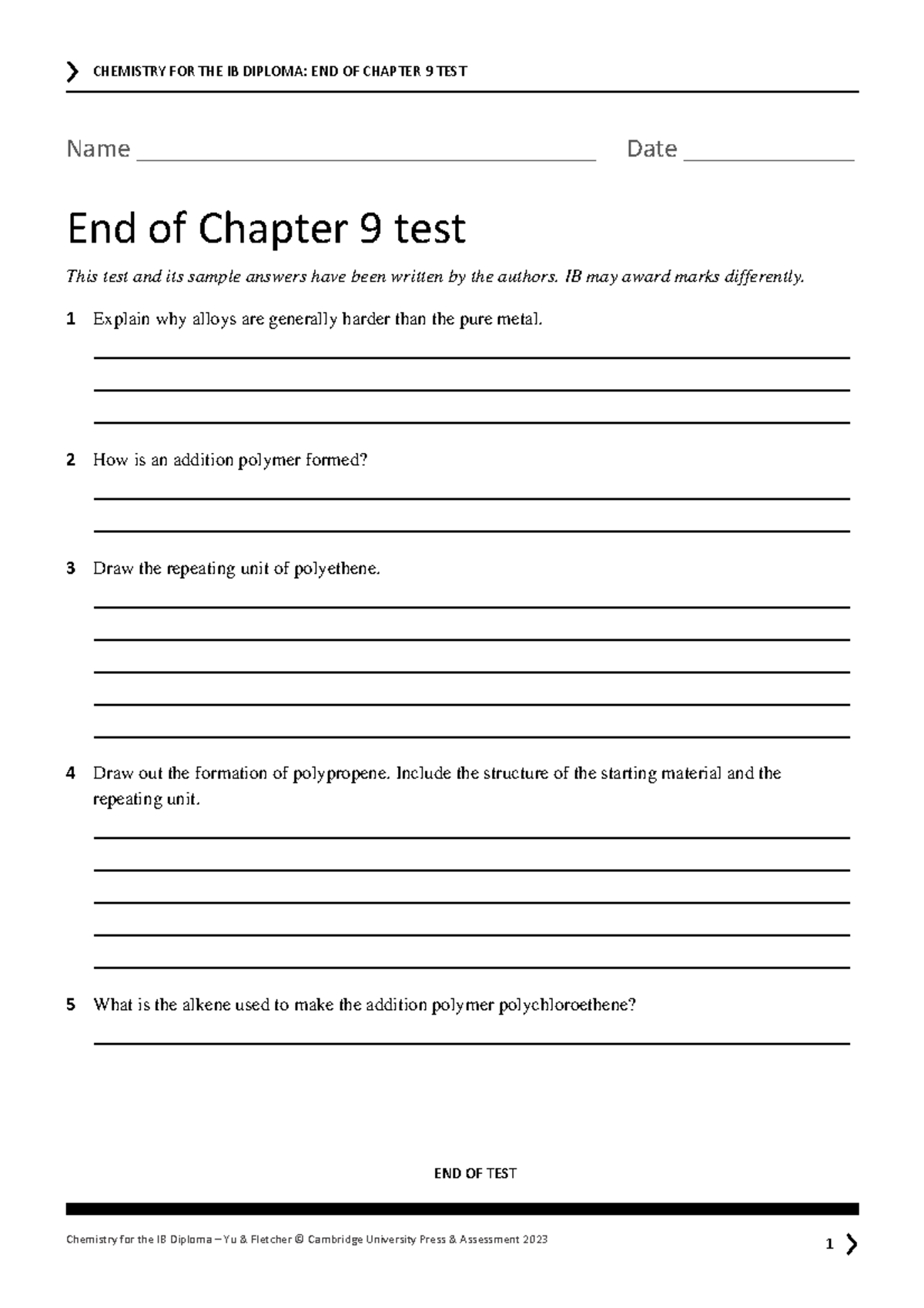 End of chapter 9 test - CHEMISTRY FOR THE IB DIPLOMA: END OF CHAPTER 9 ...