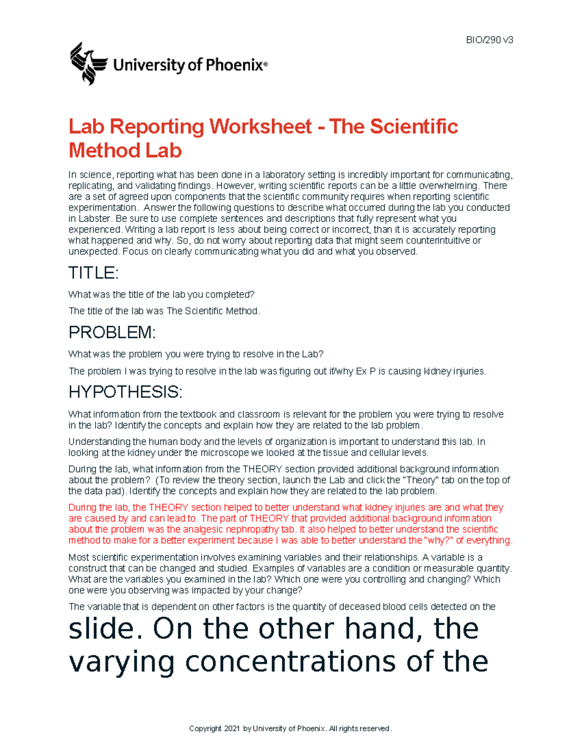 Bio 290 lab report 1 - BIO/290 v Lab Reporting Worksheet - The ...