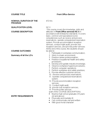 COMPETENCY BASED CURRICULUM Front Office NC2 - Front Office Services NC ...