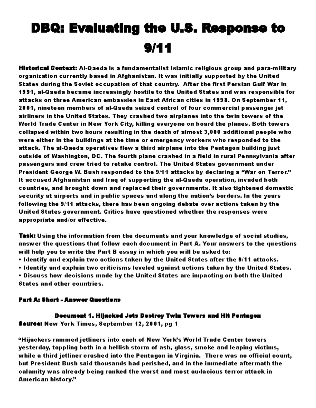 9 11 DBQ - 911 DBQ and questions about how it happened. - DBQ ...