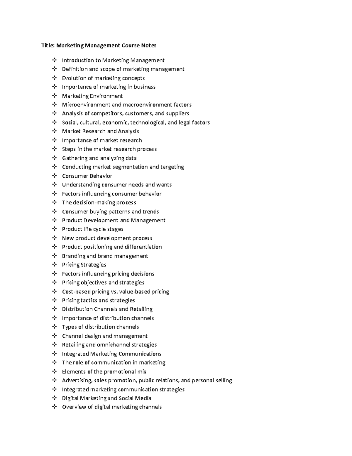 Marketing Management Notes - Title: Marketing Management Course Notes ...