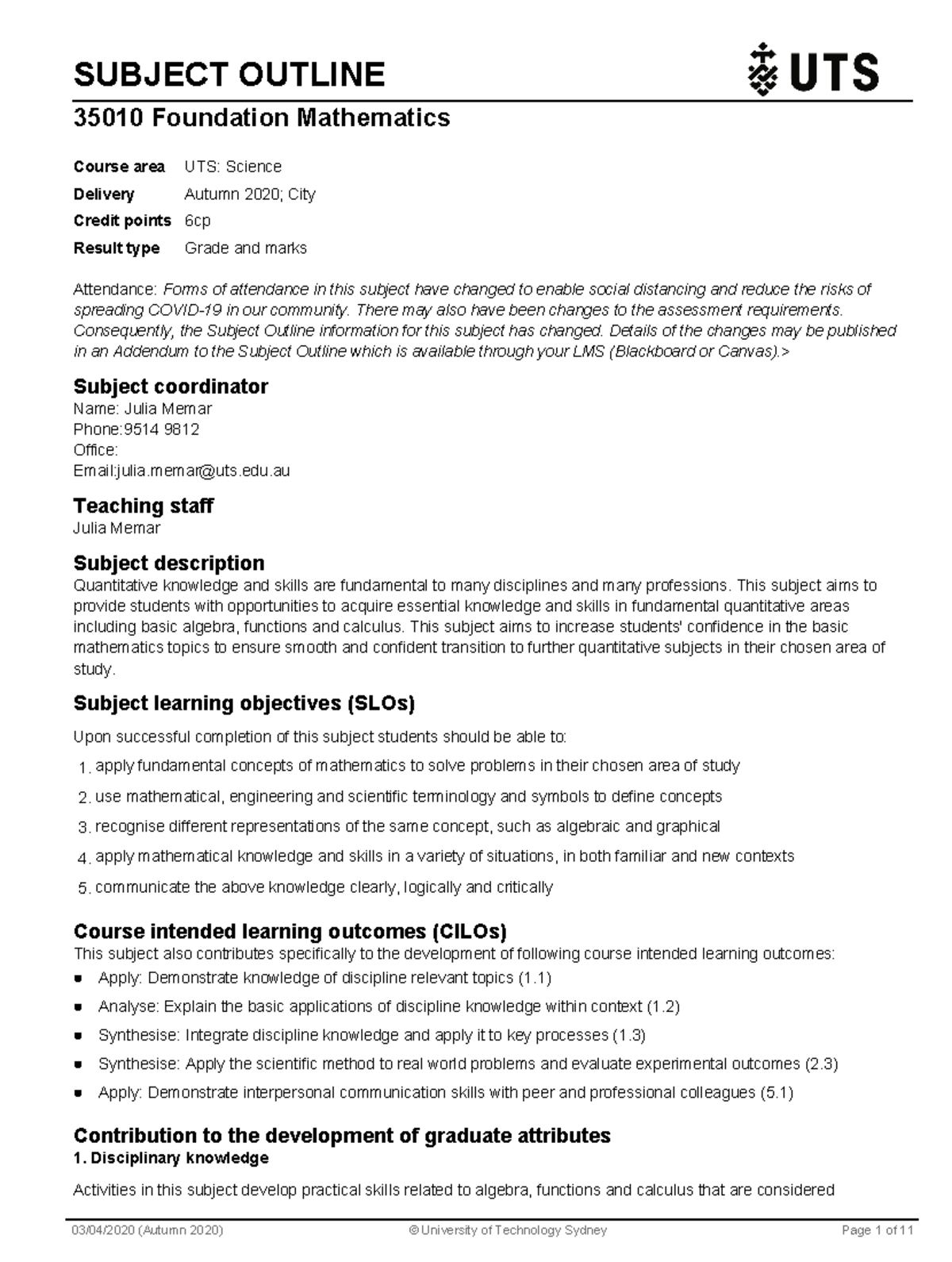 Foundation Maths Outline - SUBJECT OUTLINE 35010 Foundation Mathematics ...