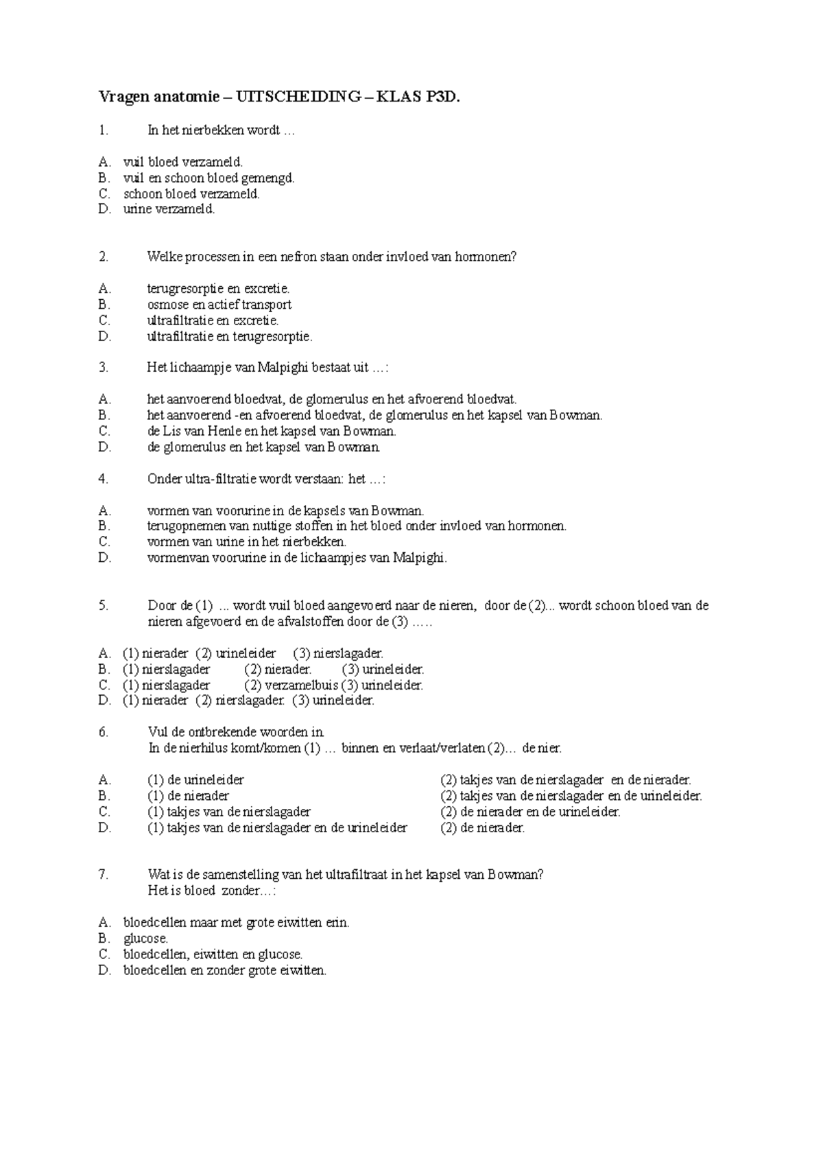Vragen uitscheiding klas P3D - Vragen anatomie – UITSCHEIDING – KLAS ...