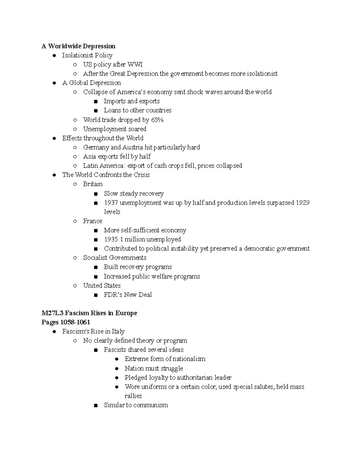 Unit 6 Part 2 - honors world class notes - A Worldwide Depression ...