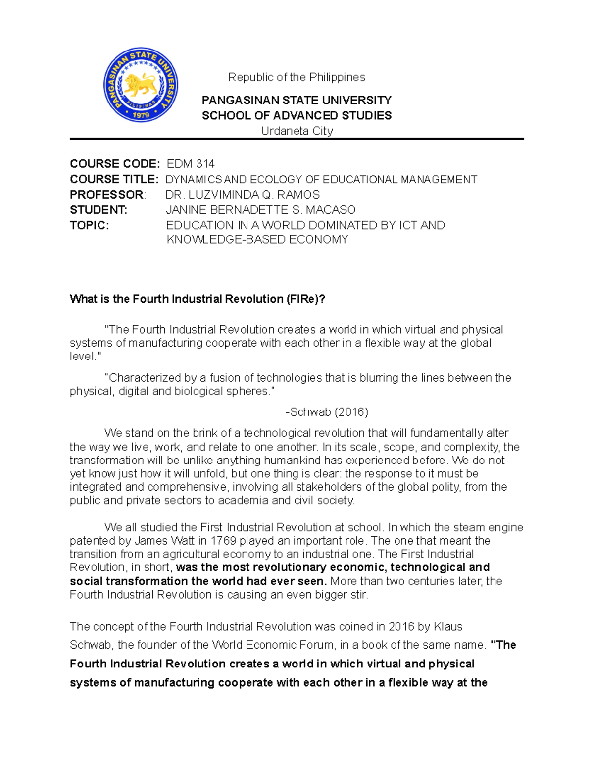 EDM 314 Report Draft - Educational management - Republic of the ...