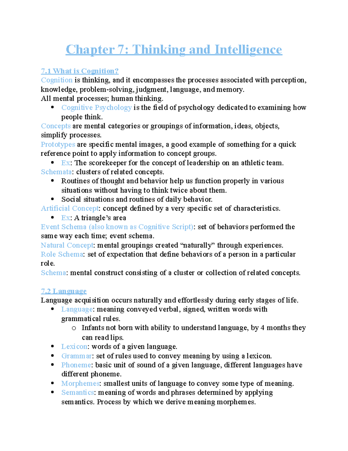 Chapter 7 - Just lecture notes - Chapter 7: Thinking and Intelligence 7 ...