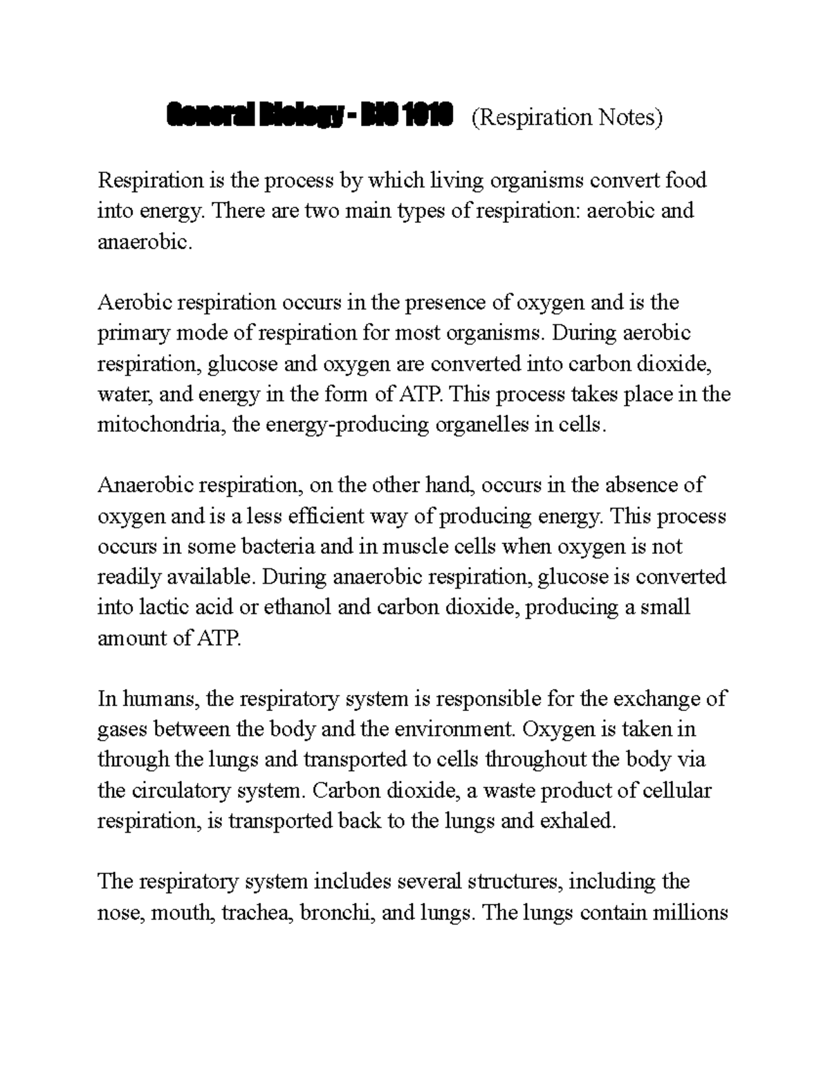 BIO - Respiration Notes - General Biology - BIO 1010 (Respiration Notes ...