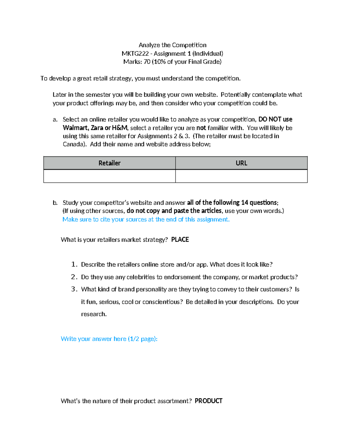 Assign #1 - Analyze The Competition - Analyze the Competition MKTG222 ...