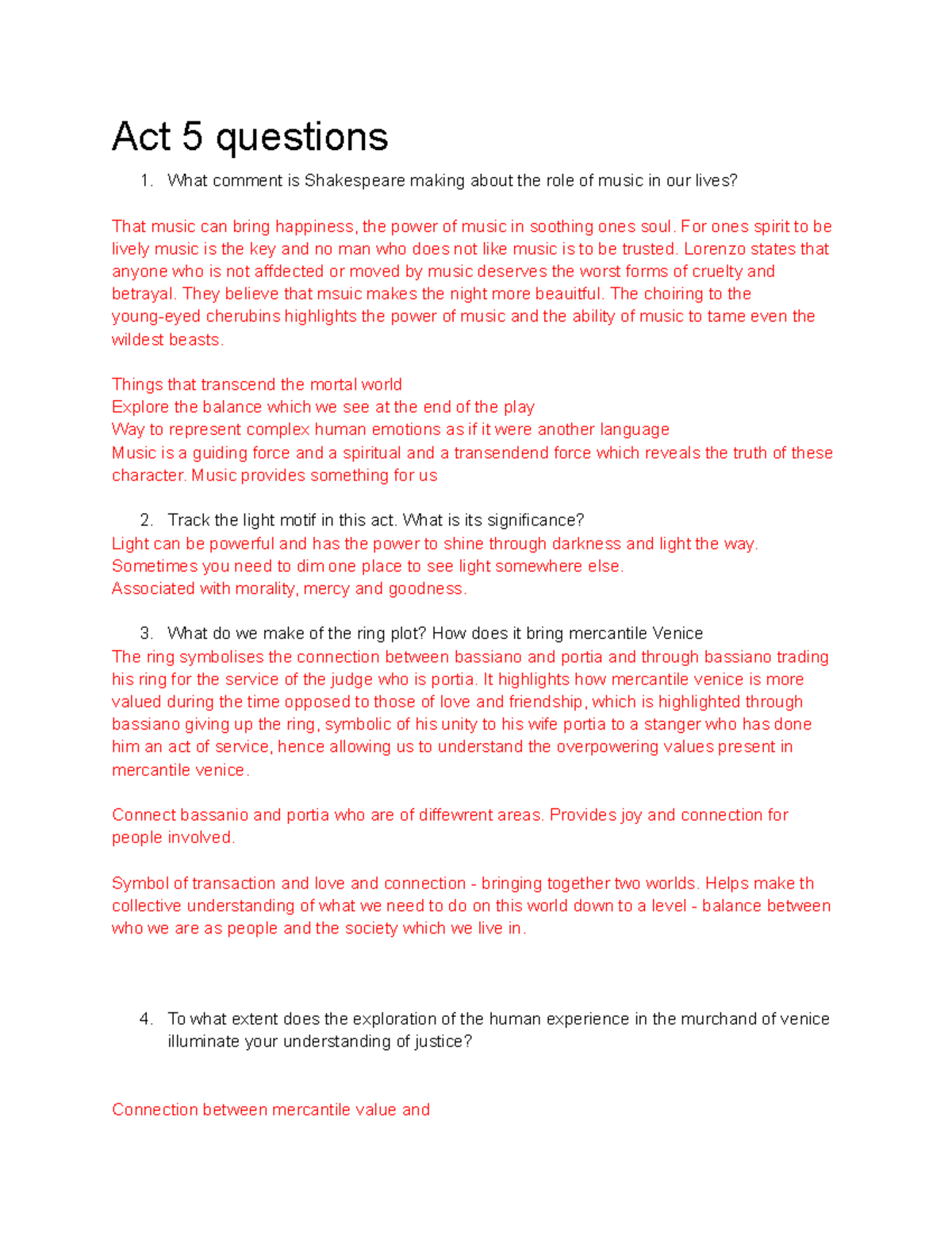 Act 5 questions - merchant of venice - Act 5 questions What comment is ...