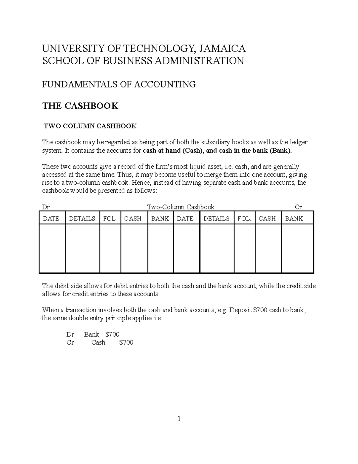 The Cashbook - lecture notes on cash book for accounts - UNIVERSITY OF ...