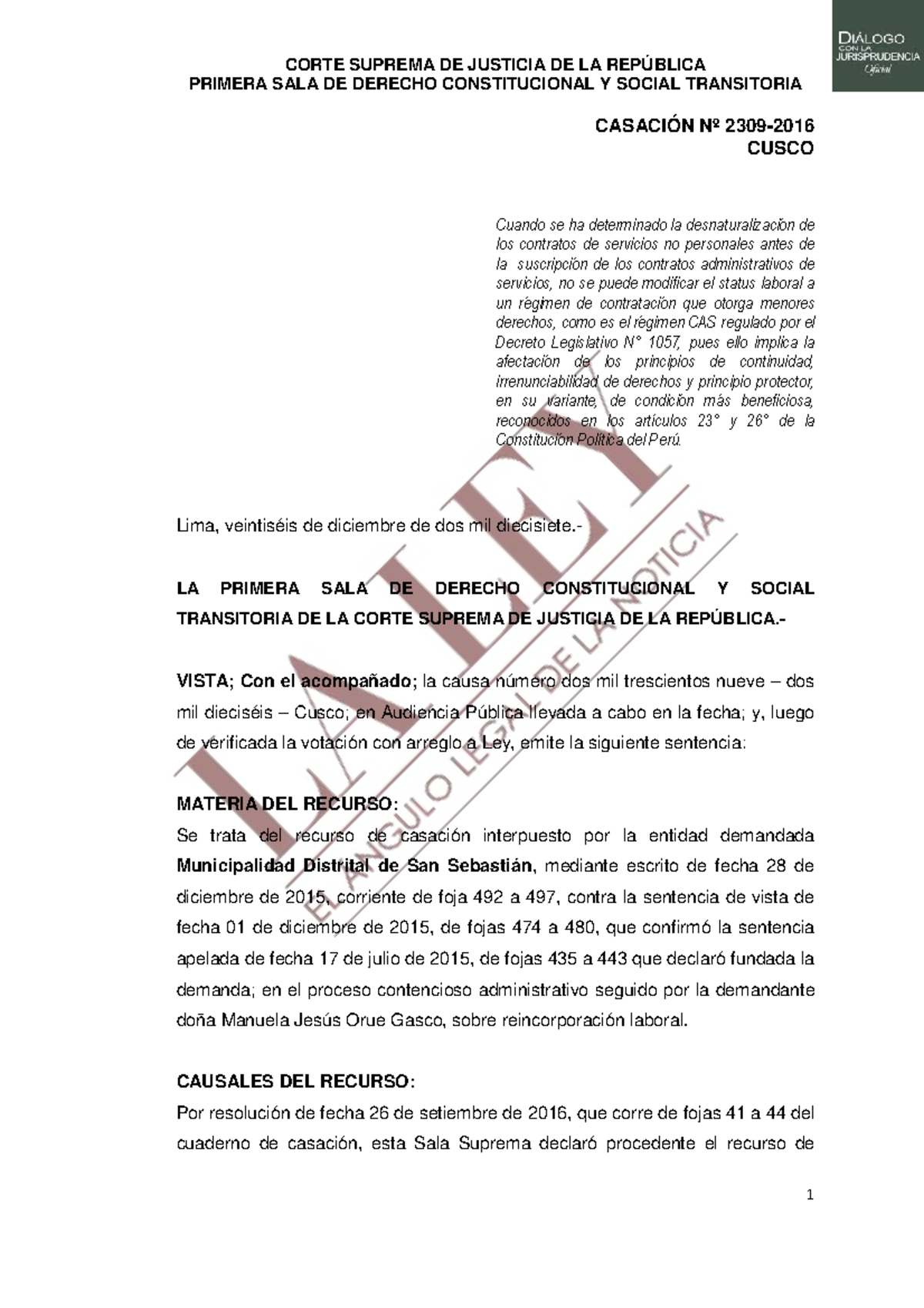 derecho laboral - PRIMERA SALA DE DERECHO CONSTITUCIONAL Y SOCIAL TRANSITORIA CASACIÓN Nº 2309 ...