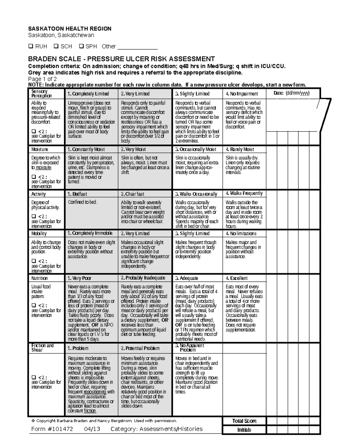 Braden Risk Assessment Tool - SASKATOON HEALTH REGION Saskatoon ...