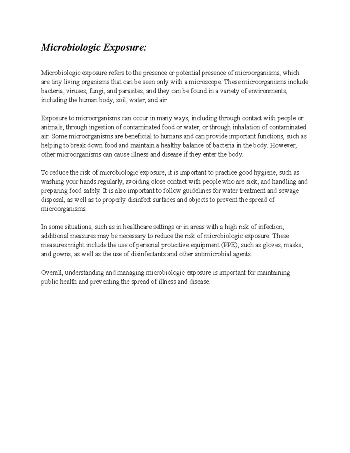 Notes on Microbiologic Exposure - Microbiologic Exposure: Microbiologic ...
