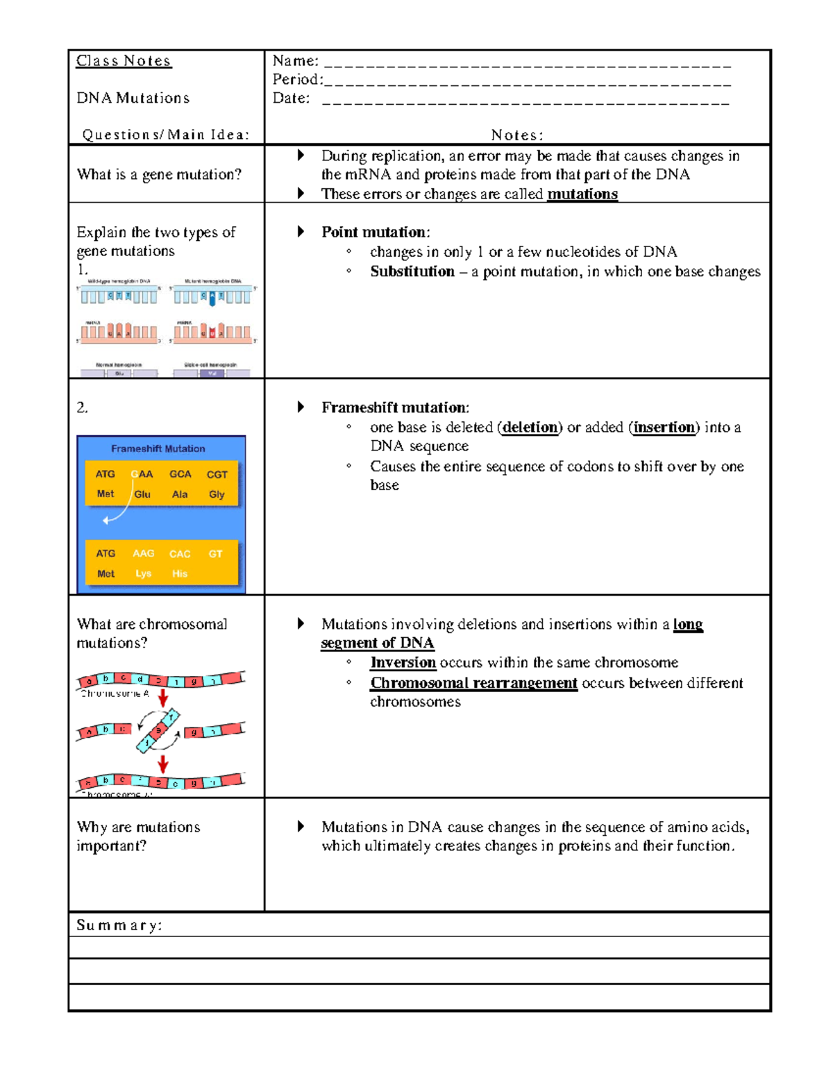 DNA Mutations - Clas s N o te s DNA Mutations Qu e s tio n s / Main Id ...